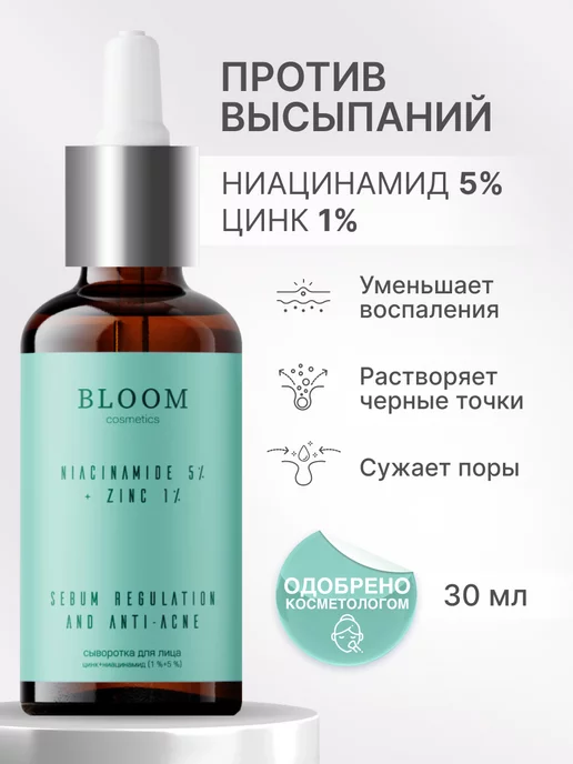 Сыворотка для лица от прыщей с ниацинамидом и цинком BLOOM COSMETICS ...